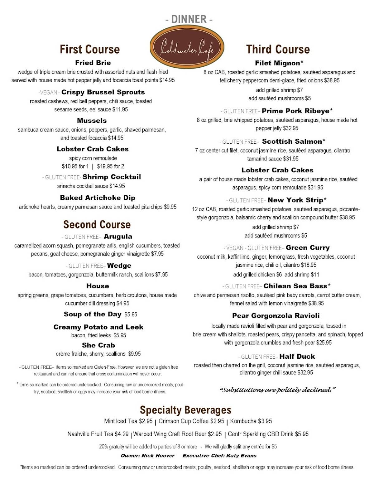 Menu at Coldwater Café restaurant, Tipp City