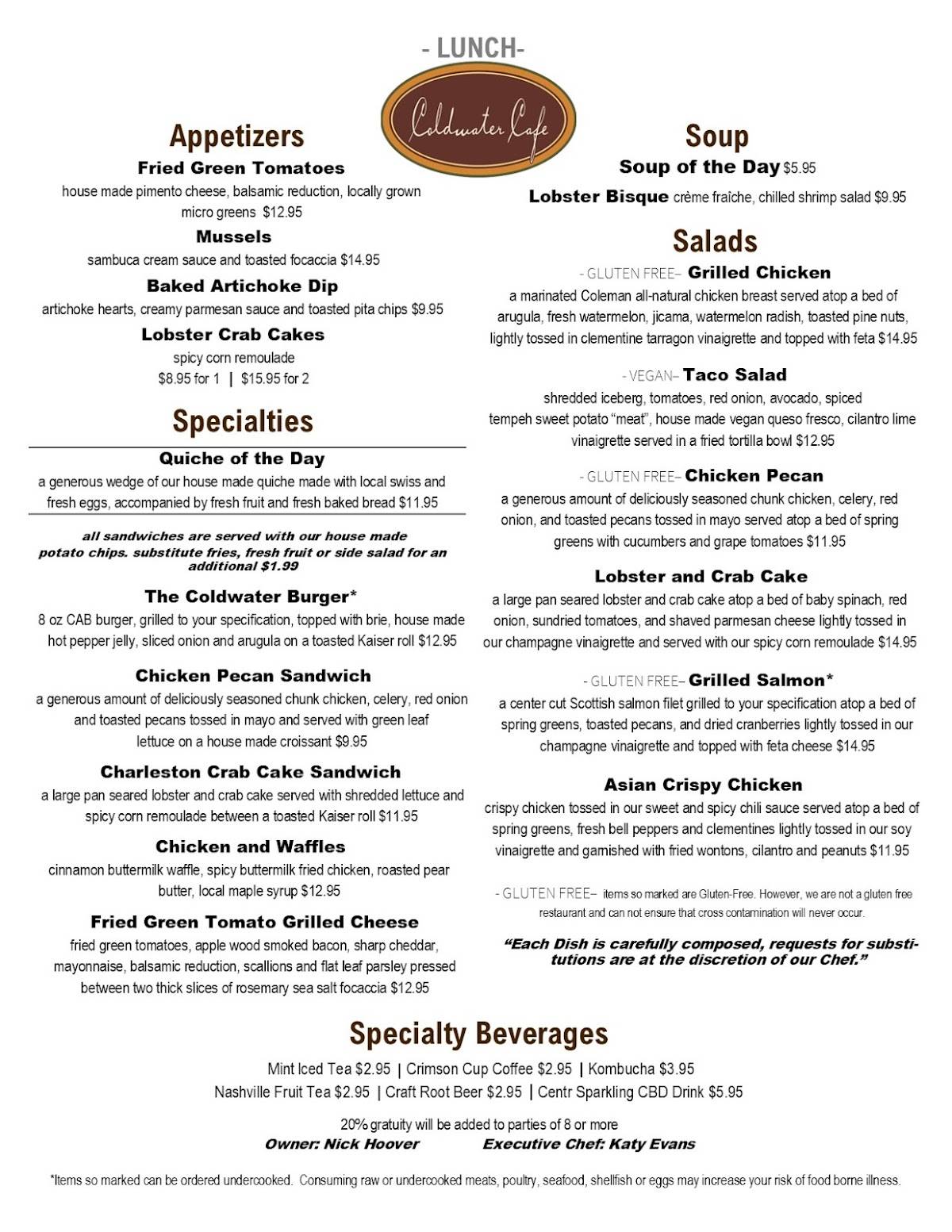 Menu at Coldwater Café restaurant, Tipp City