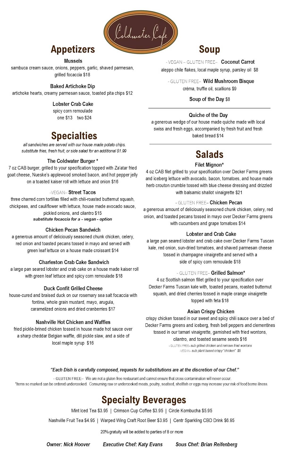 Menu at Coldwater Café restaurant, Tipp City