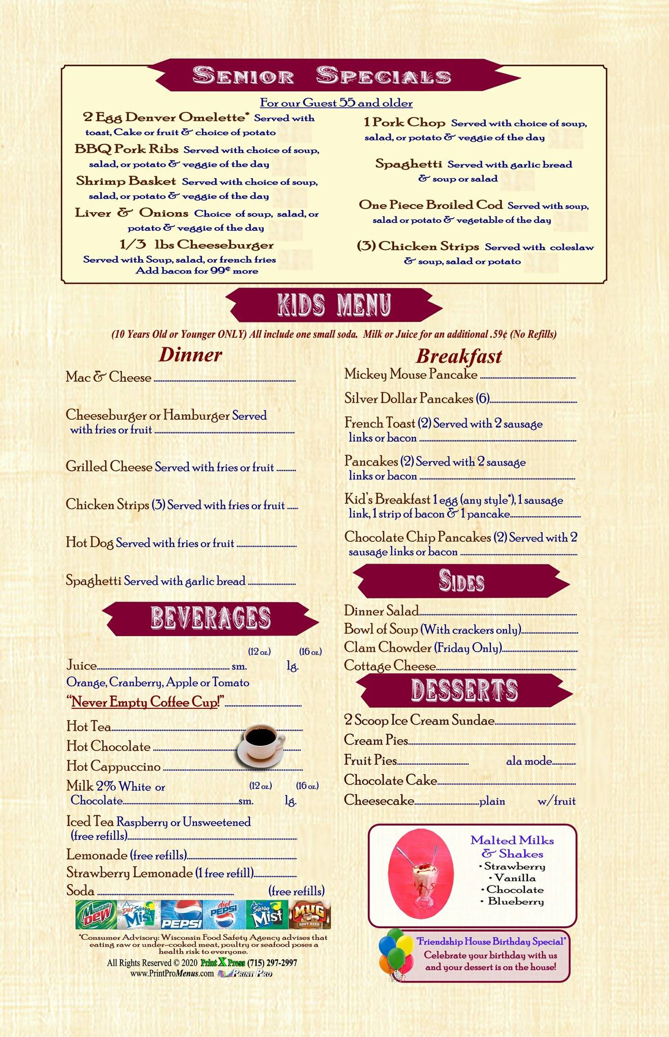 Menu at Friendship House Family Restaurant, Eagle River