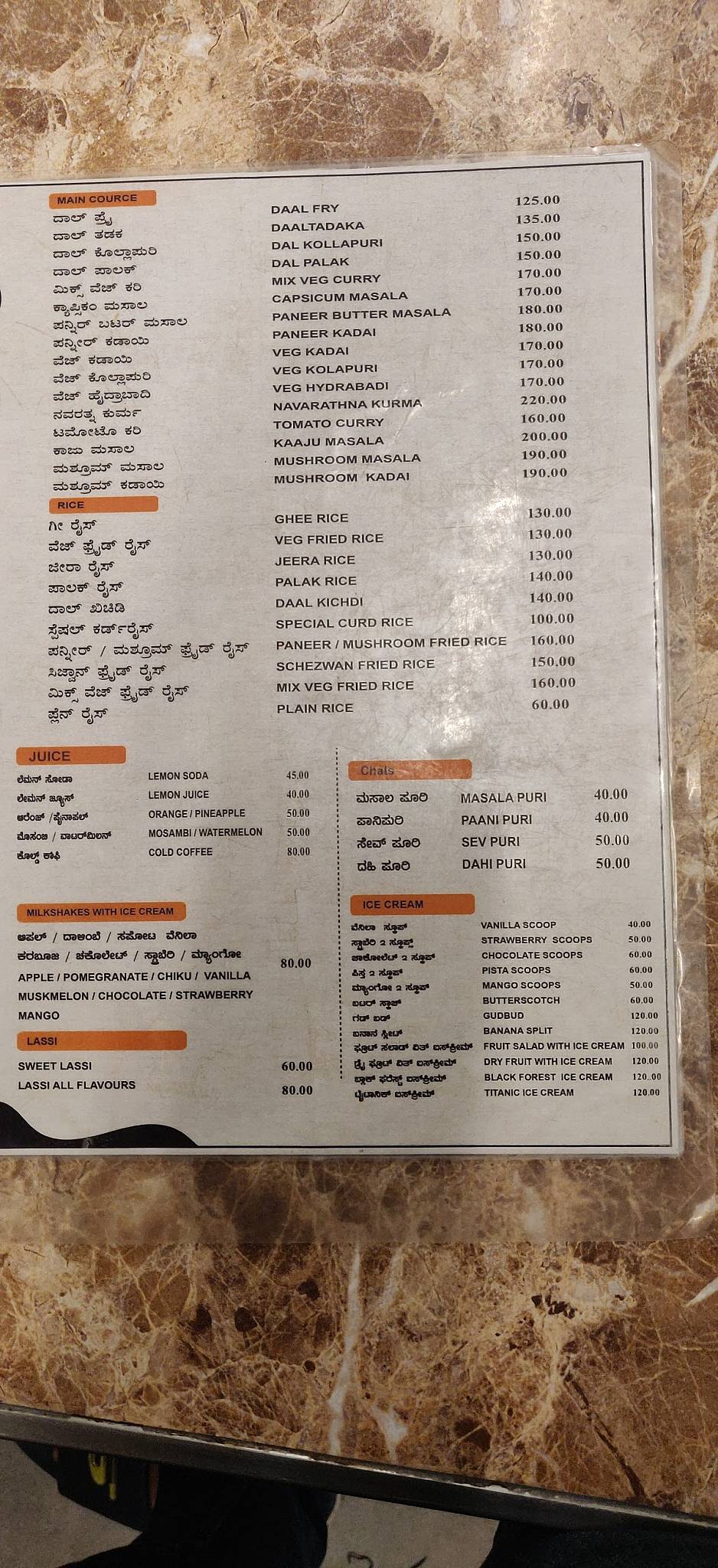 Menu at RHM GRAND, Channagiri Rural