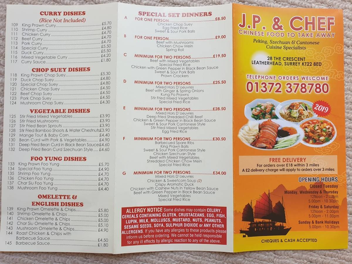 Menu at J P & Chef fast food, Leatherhead
