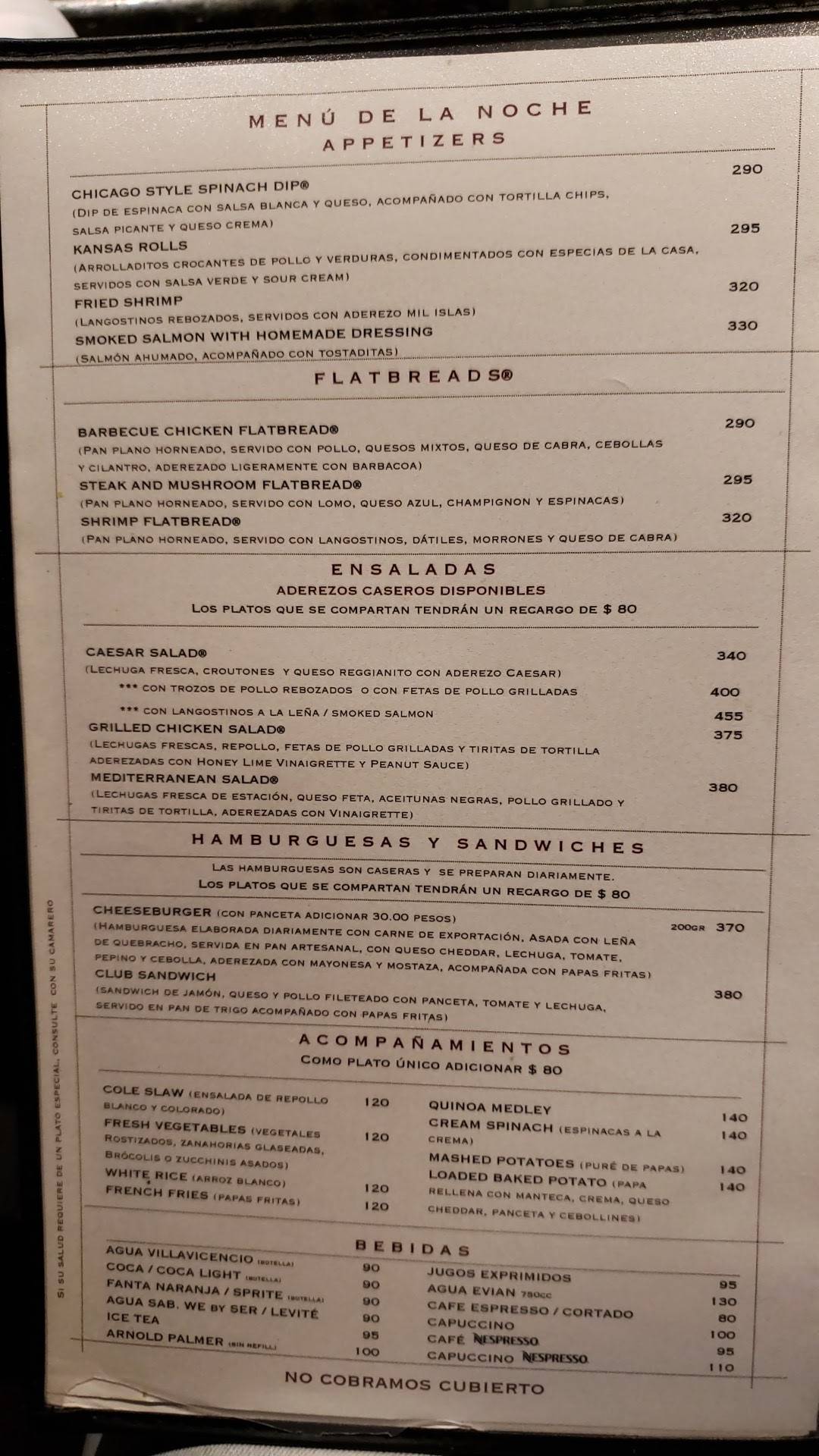 Carta del restaurante Kansas, San Isidro, Av. del Libertador 15089