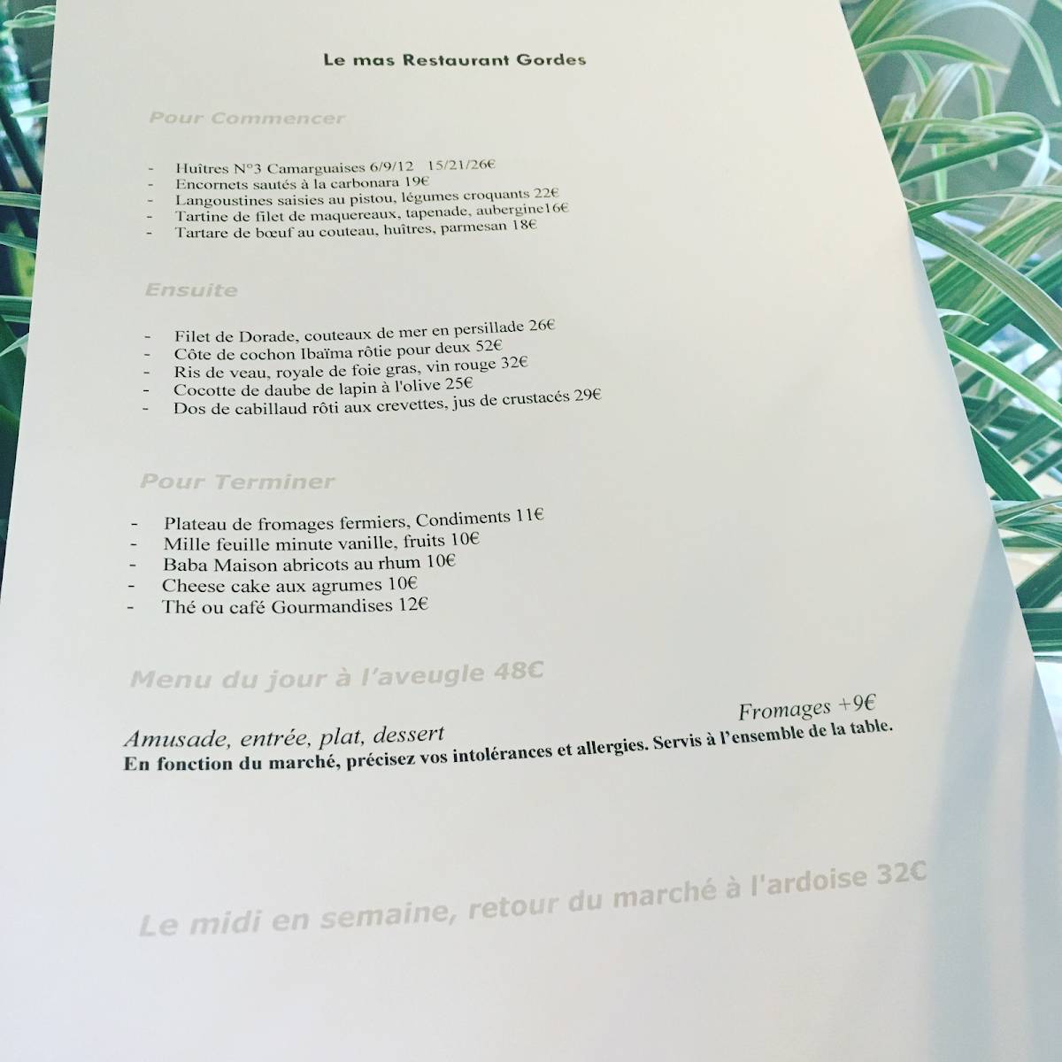 Menu at Le Mas restaurant, Gordes