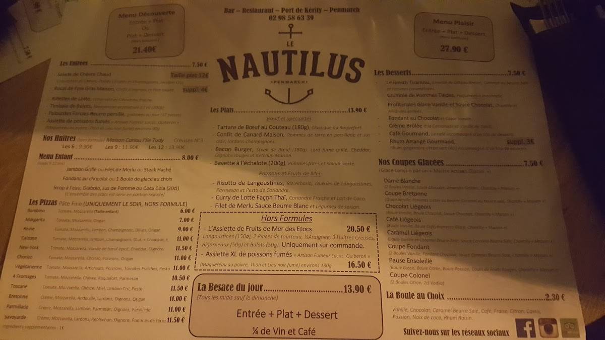 Menu au Le Nautilus pub et bar, Penmarch