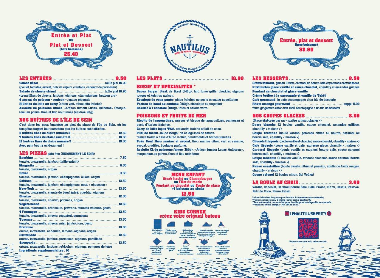 Menu au Le Nautilus pub et bar, Penmarch