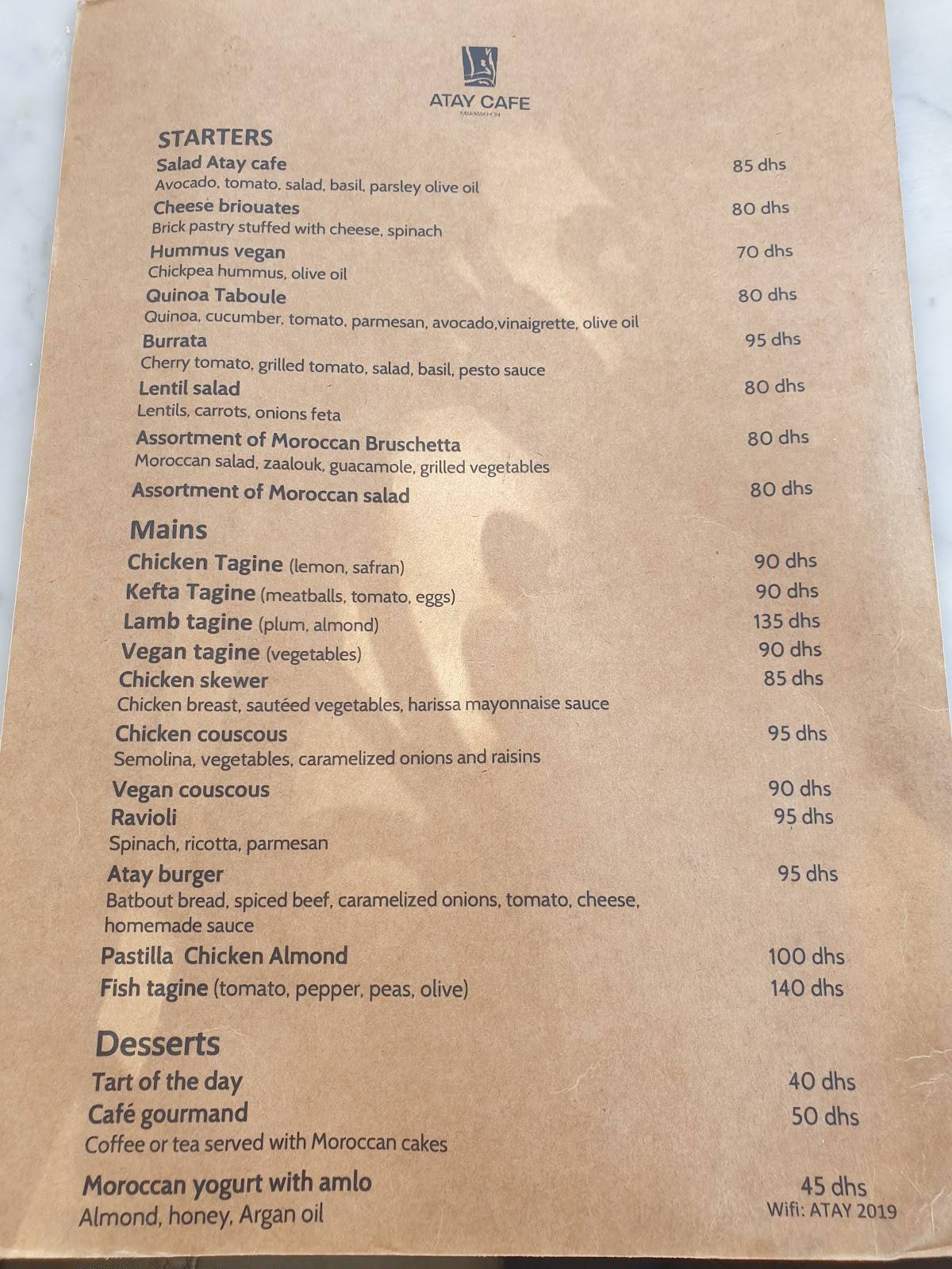 Menu au Atay Cafe, Marrakech