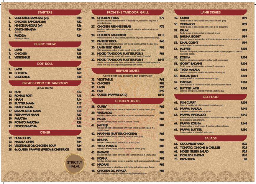 Menu at Mehak Indian Restaurant, Centurion