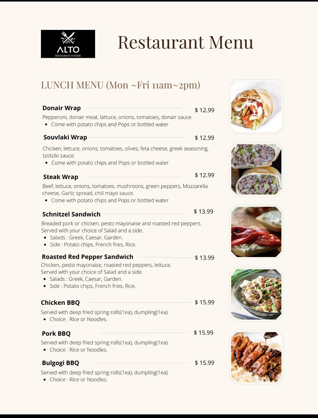 Menu at Alto Pizza & SuShi restaurant, Riverview