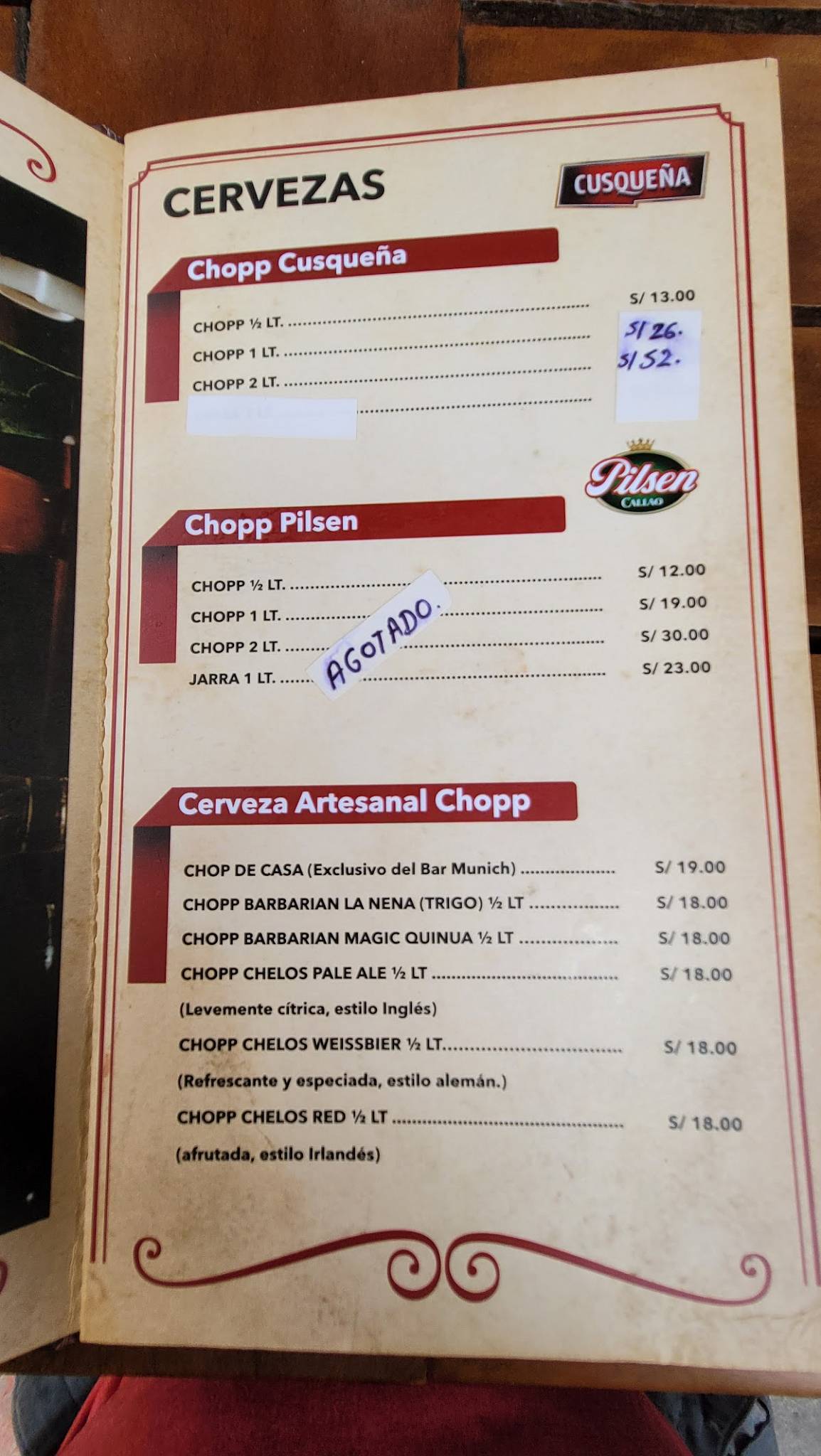 Carta de Piano Bar Munich, Lima