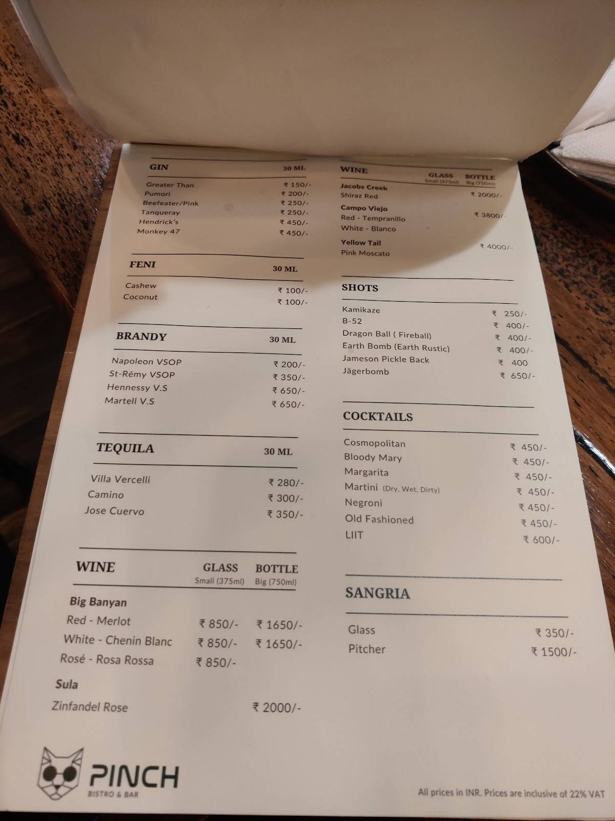 Menu at Pinch Bistro & Bar, Panaji