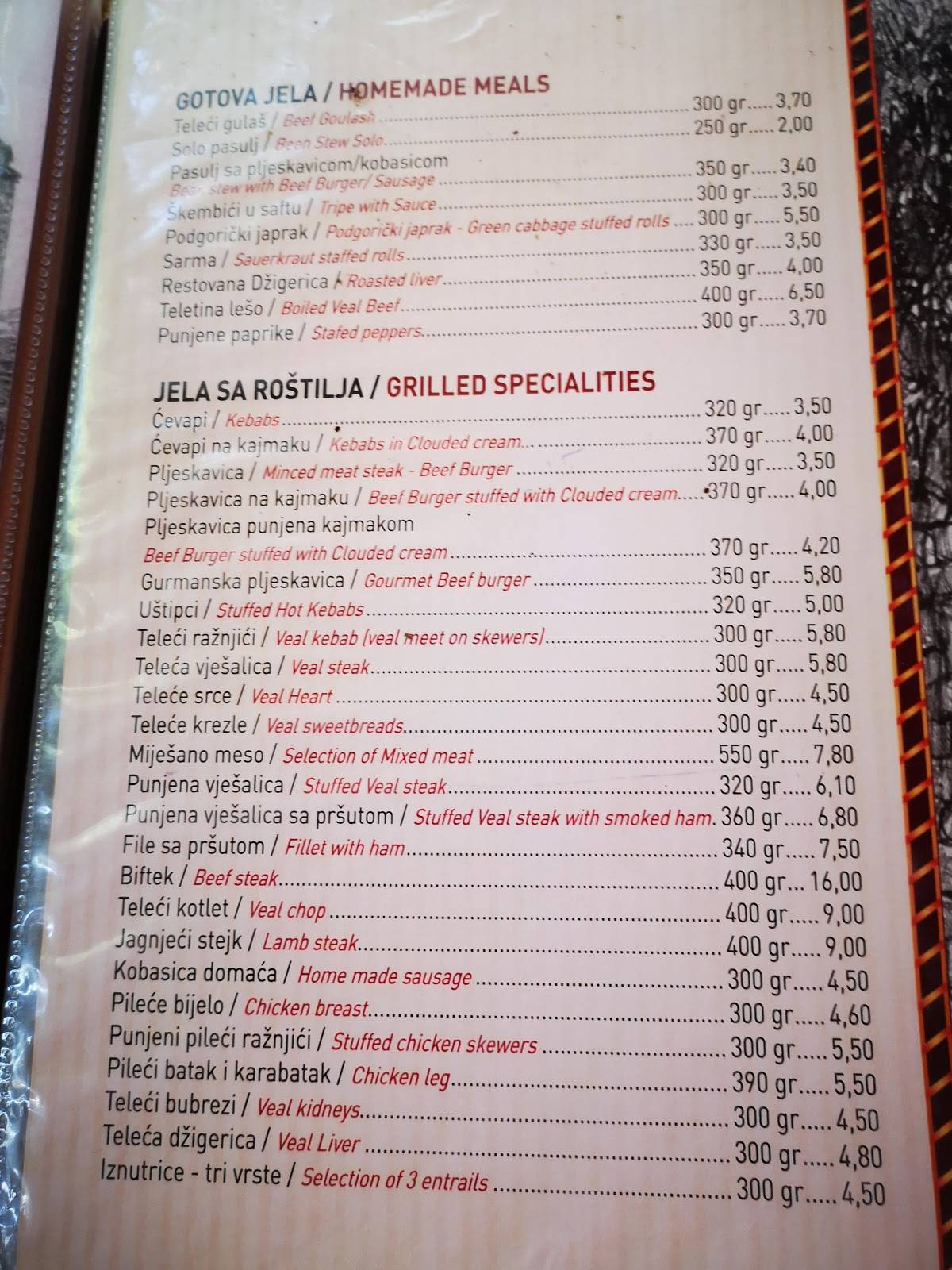 Menu at Pod Volat restaurant, Podgorica