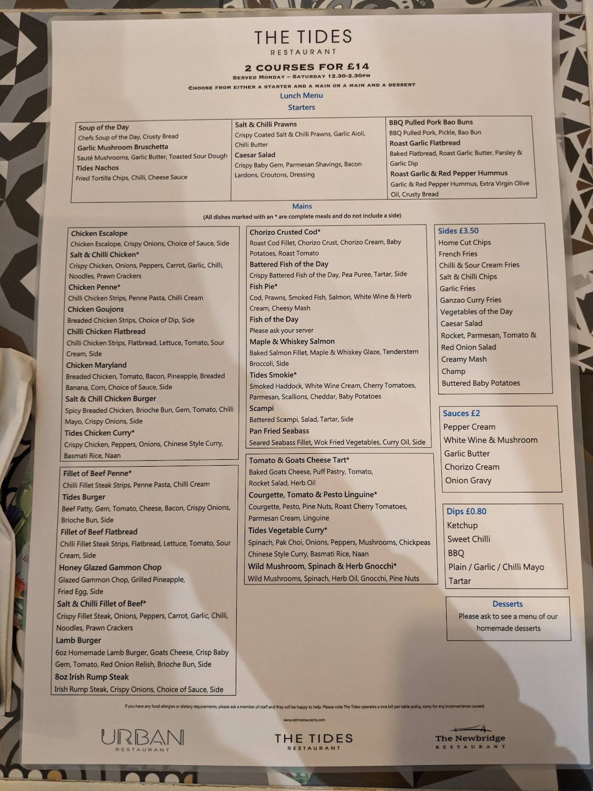 Menu at The Tides Restaurant, Portrush