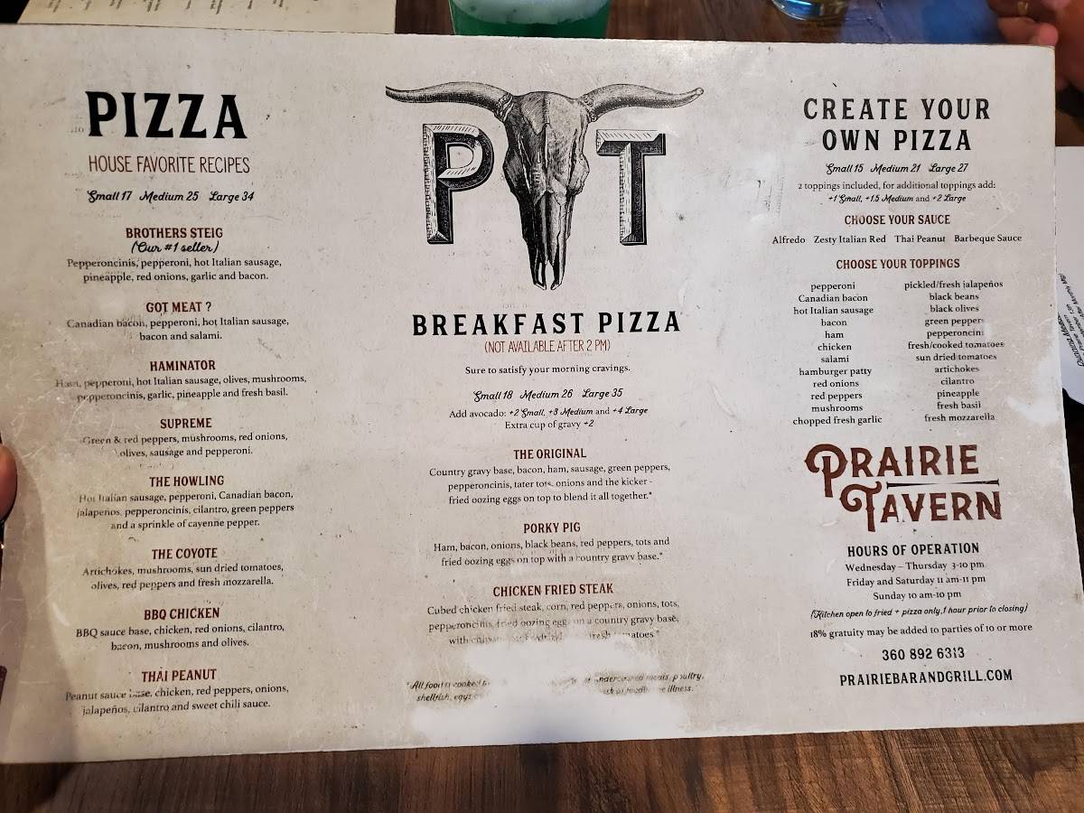 Menu at Prairie Tavern pub & bar, Brush Prairie