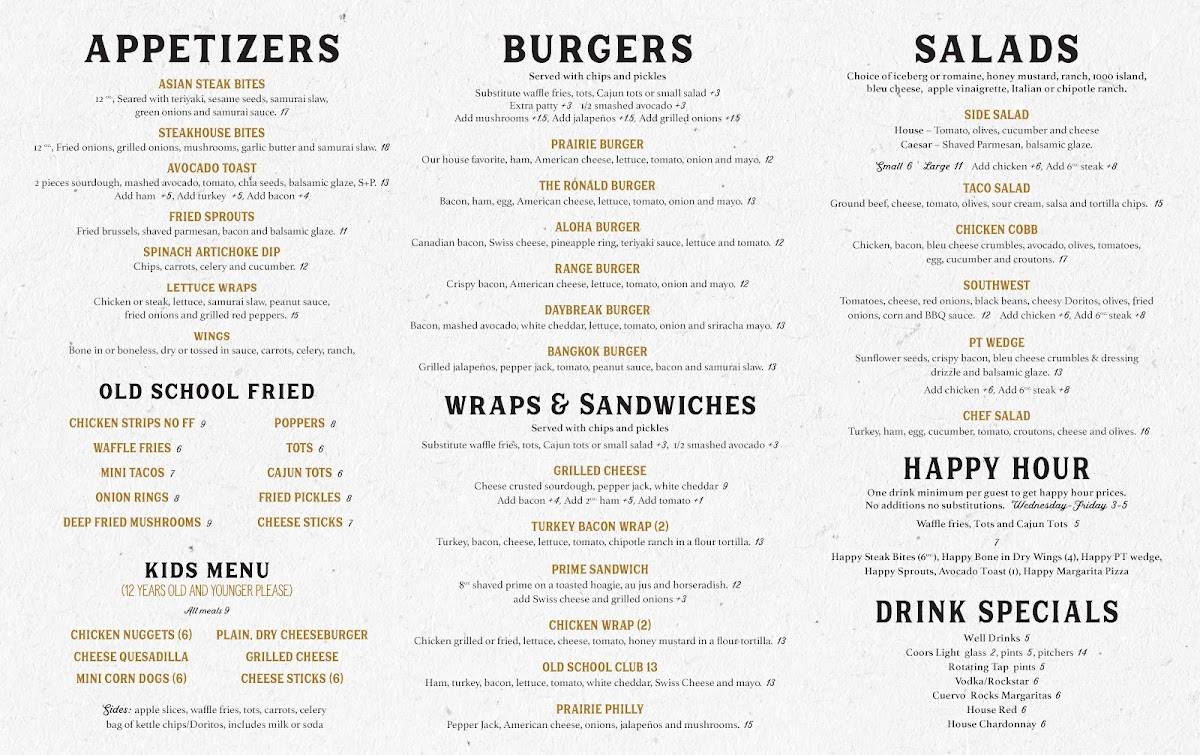 Menu at Prairie Tavern pub & bar, Brush Prairie