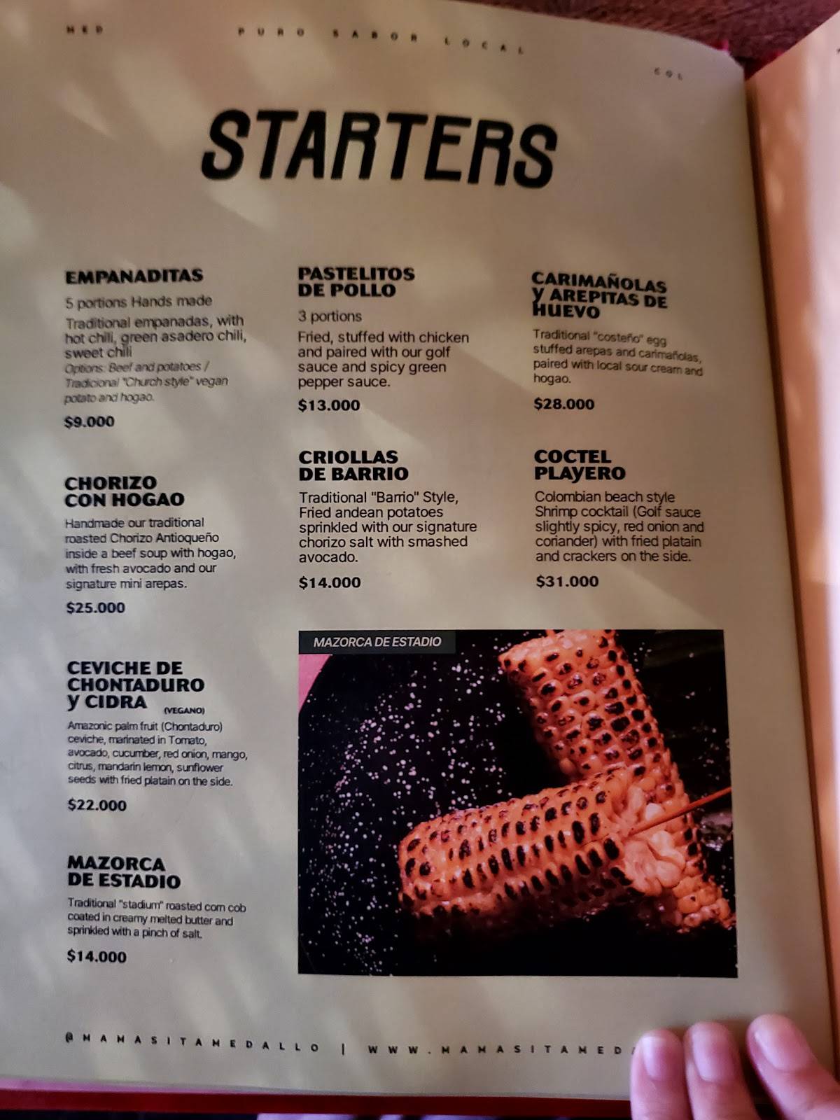 Carta del pub y bar Mamasita Medallo, Medellín