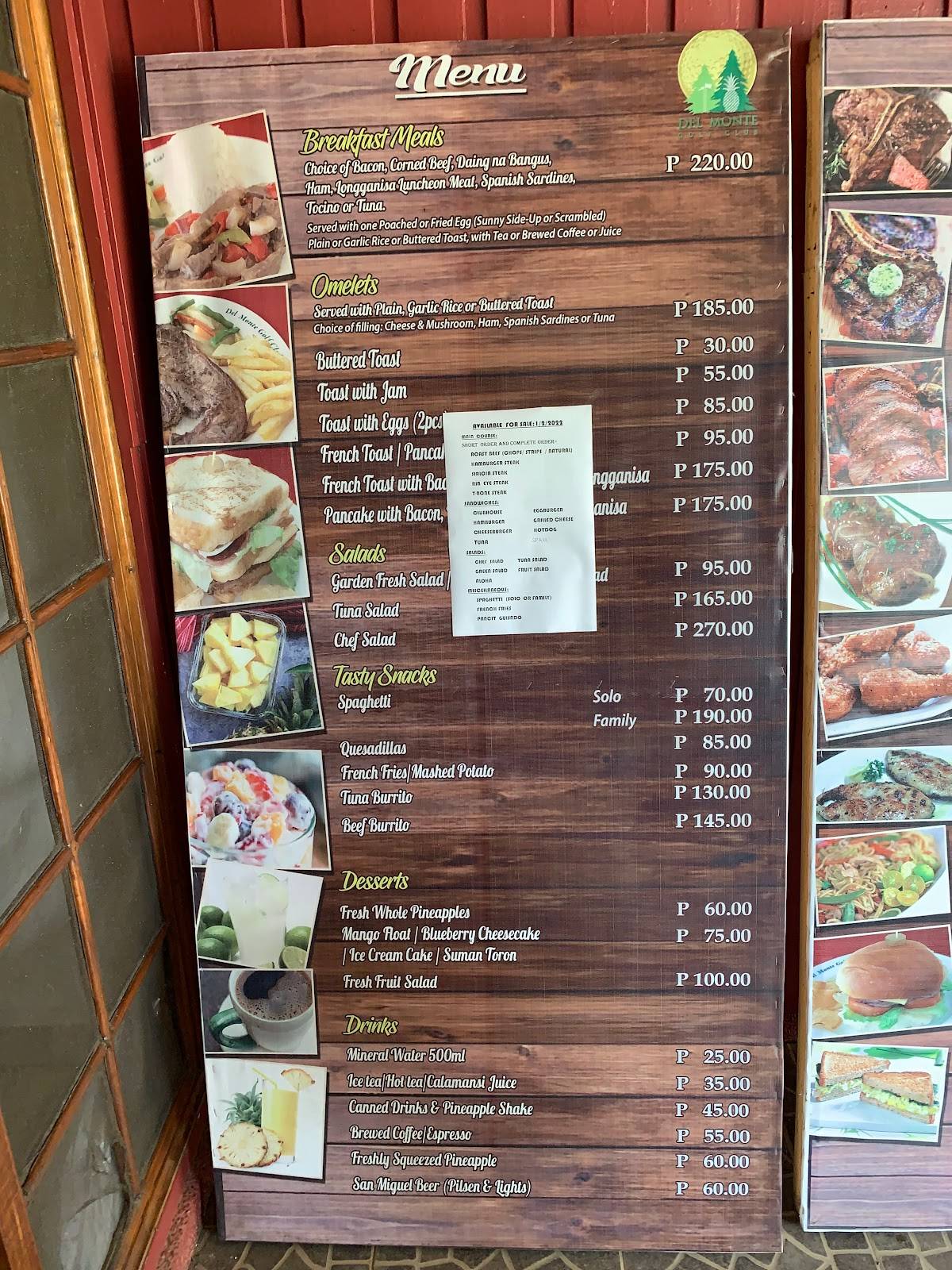 Menu at Del Monte Clubhouse, Manolo Fortich