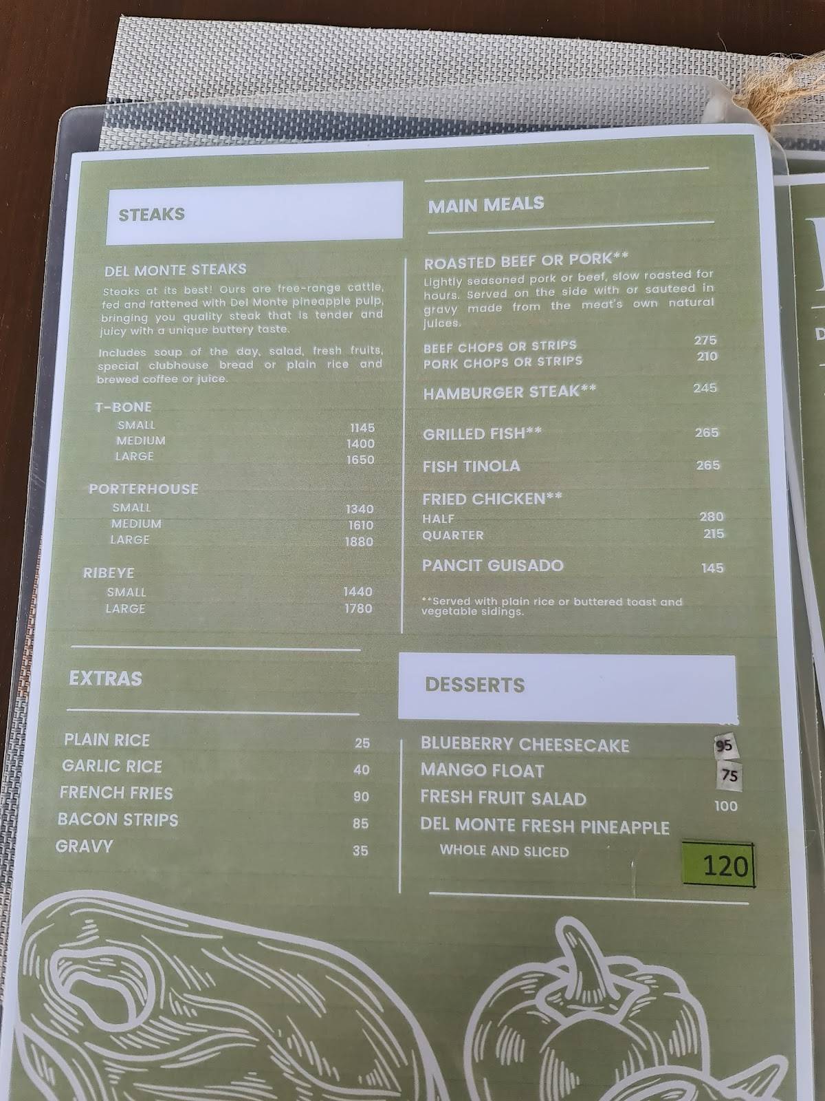 Menu at Del Monte Clubhouse, Manolo Fortich