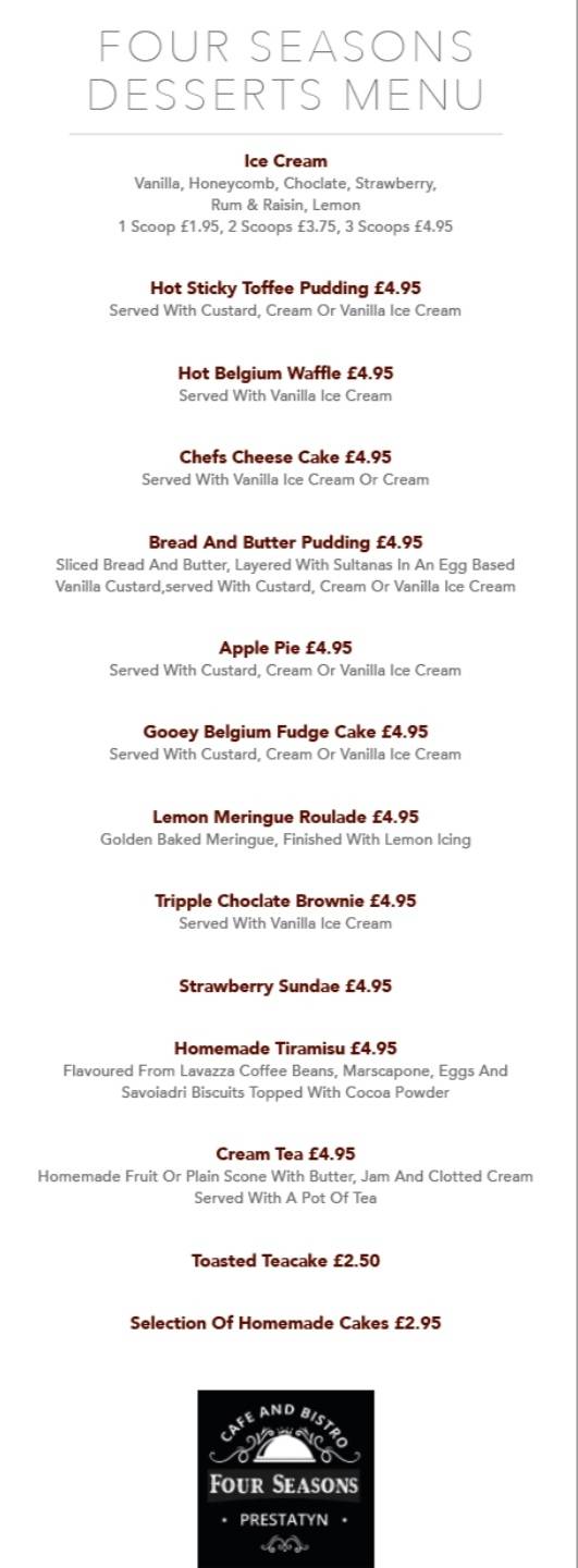 Menu at Four Seasons café and bistro restaurant, Prestatyn