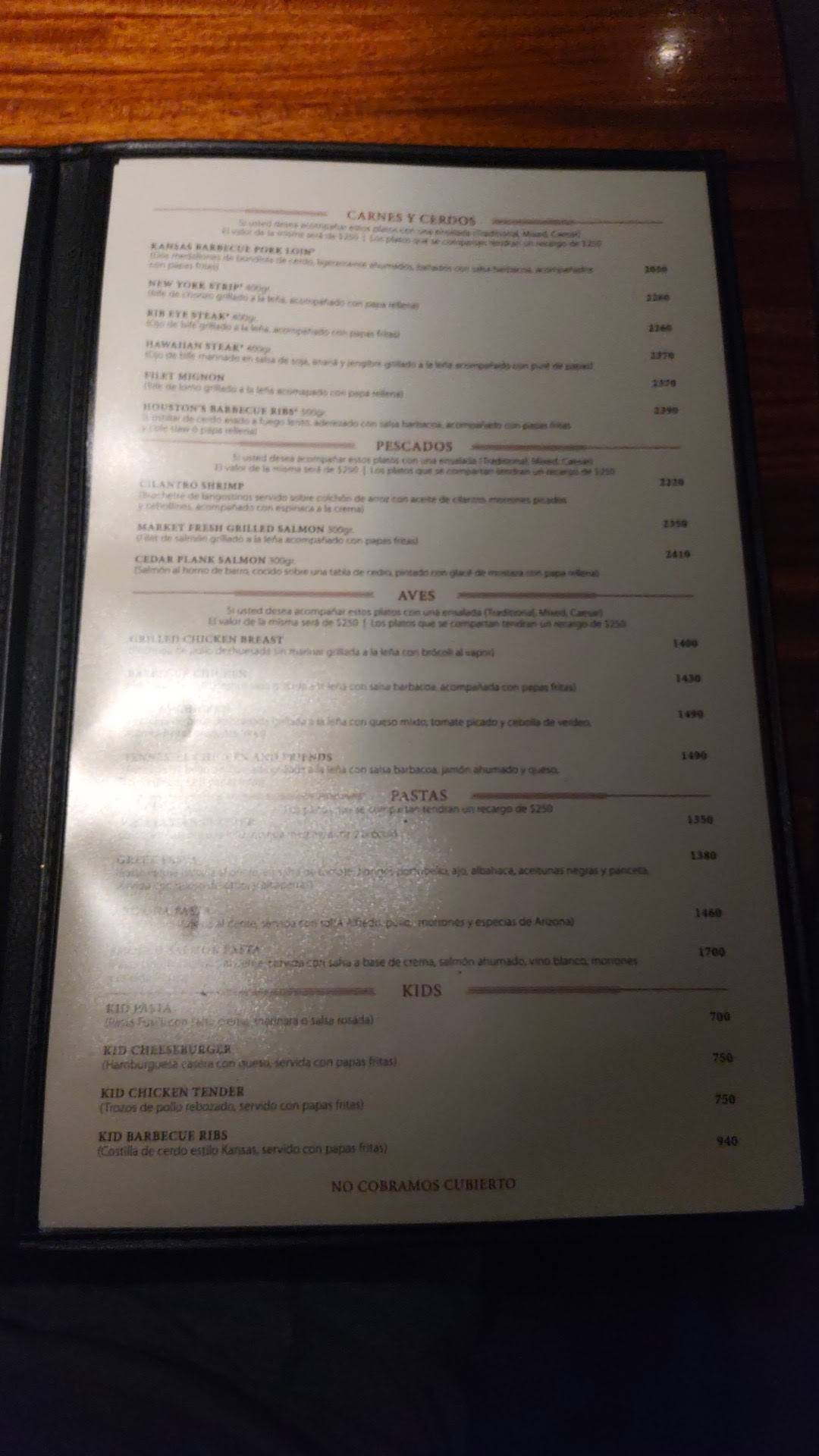 Carta del restaurante Kansas, San Isidro, Av. del Libertador 15089