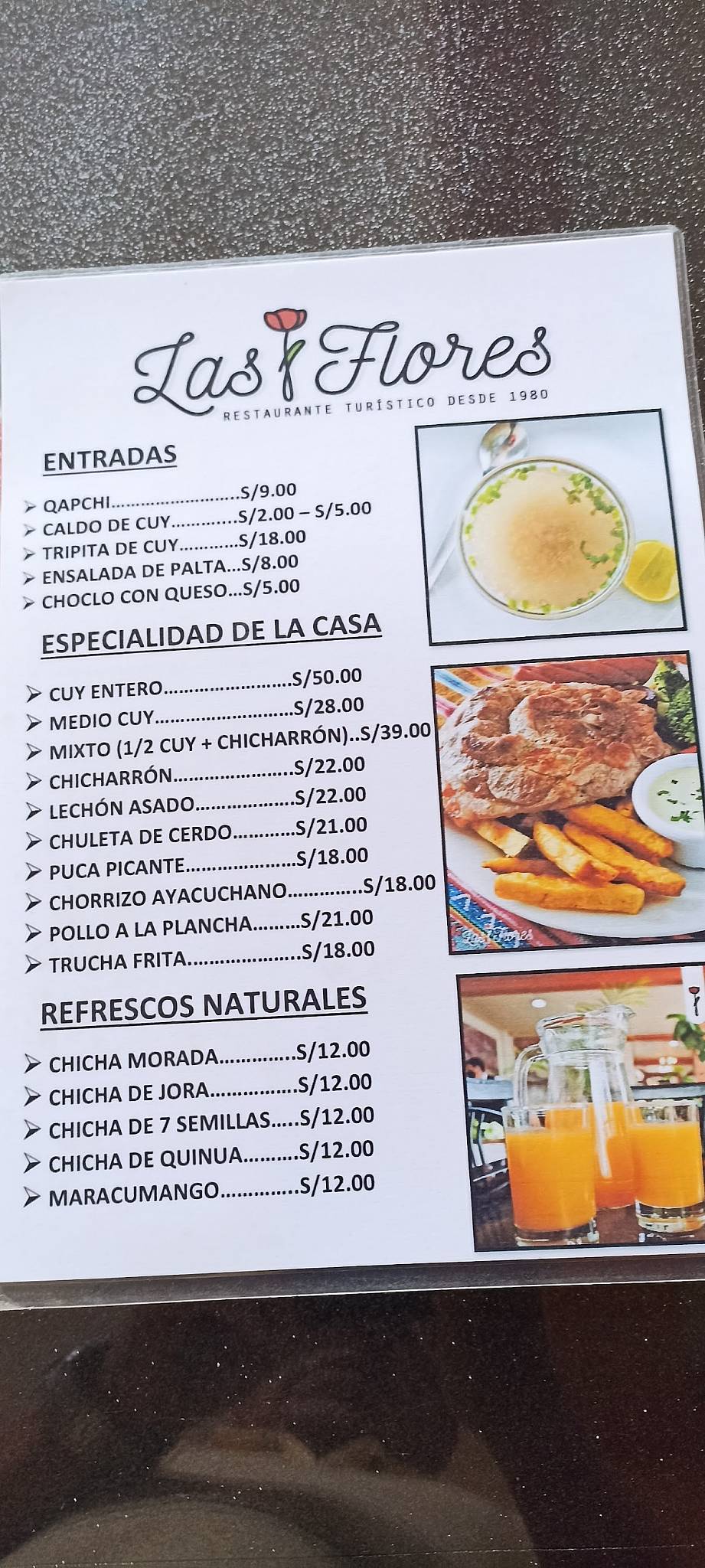 Carta de Restaurante Las Flores, Ayacucho, Jirón José Olaya 106