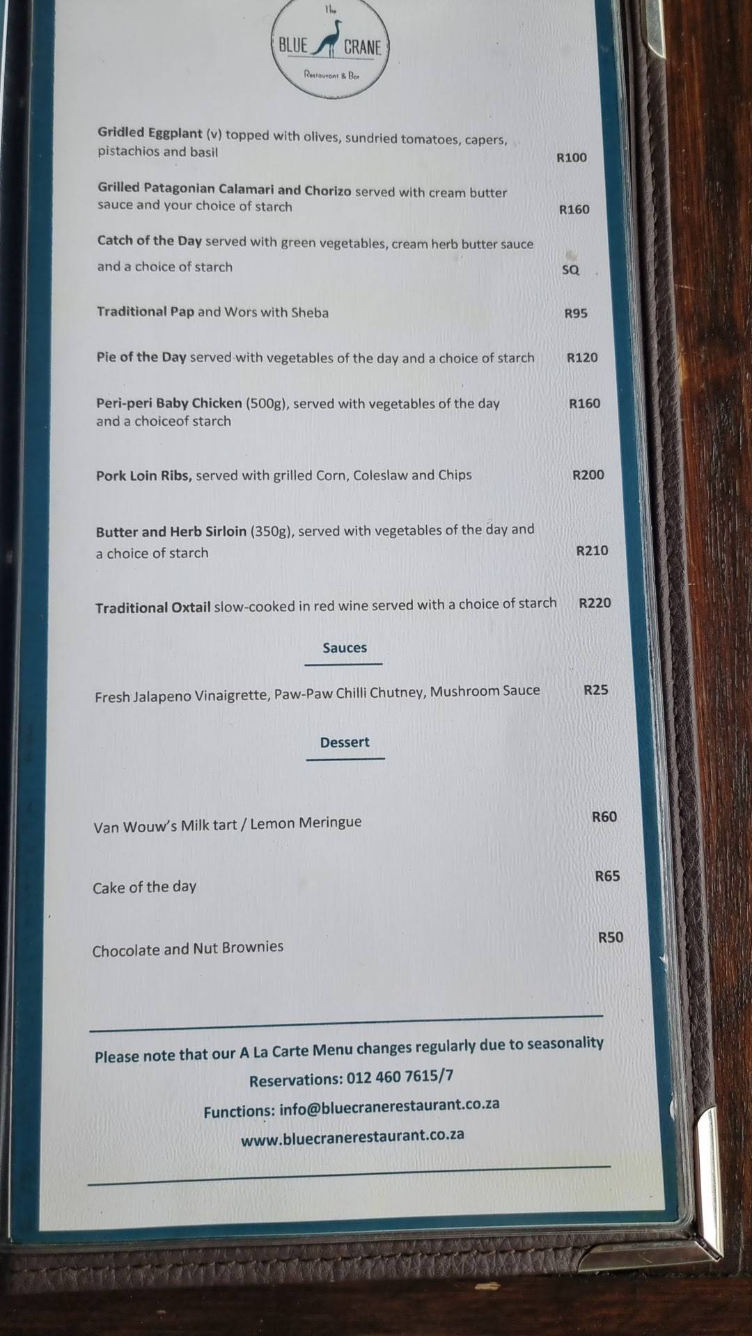 Menu at The Blue Crane Restaurant and Bar, Pretoria