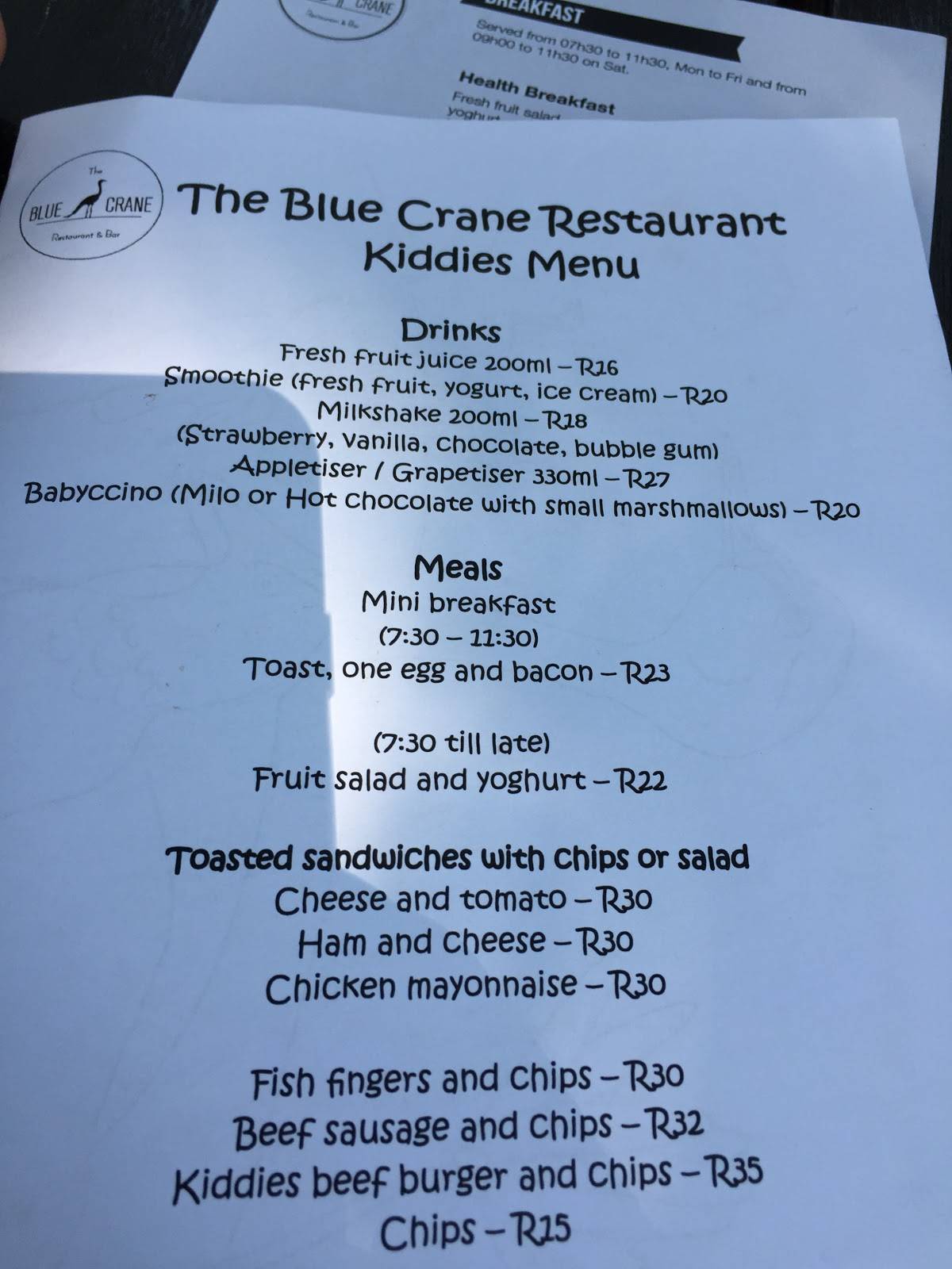 Menu at The Blue Crane Restaurant and Bar, Pretoria