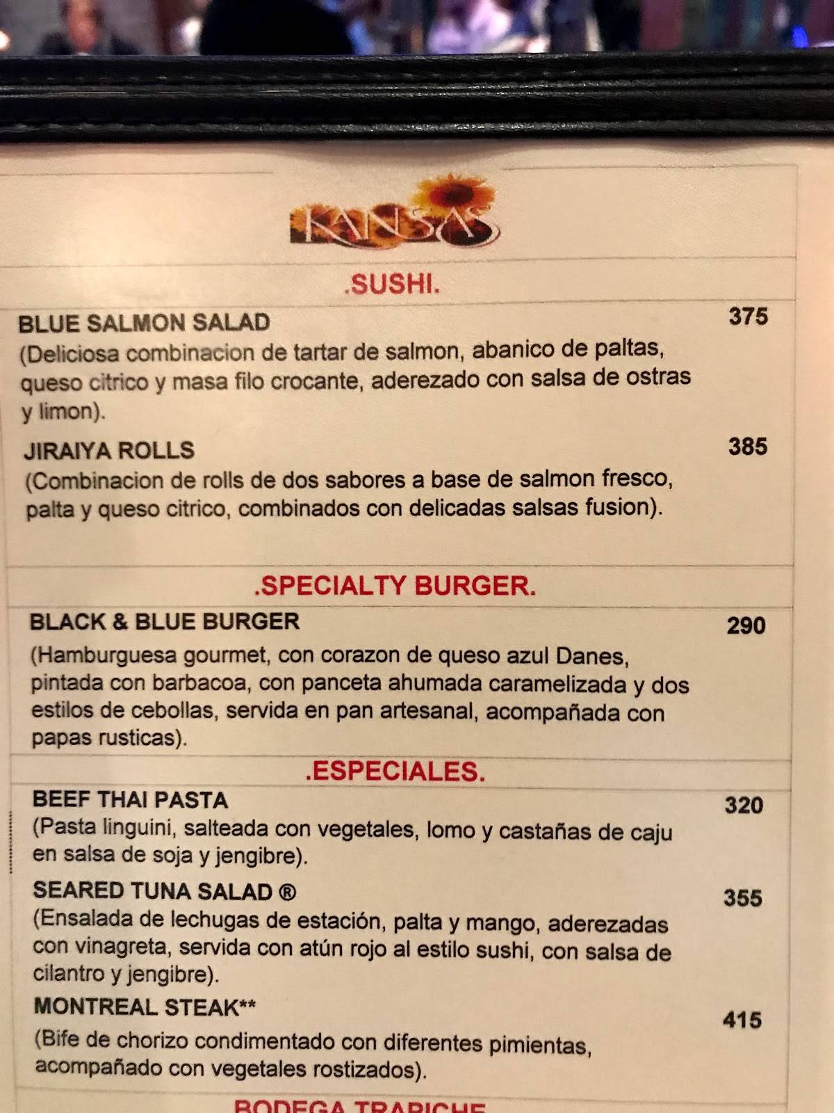 Carta del restaurante Kansas, San Isidro, Av. del Libertador 15089