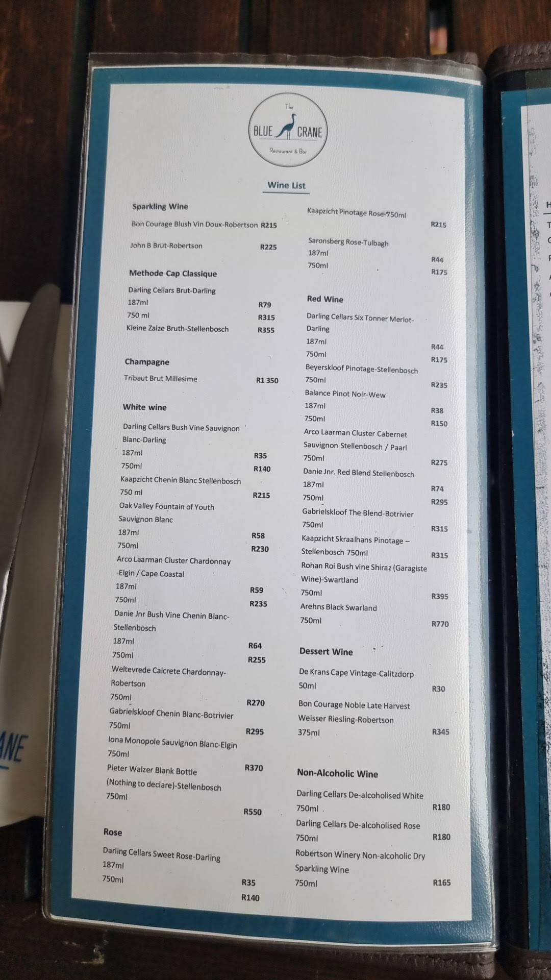 Menu at The Blue Crane Restaurant and Bar, Pretoria