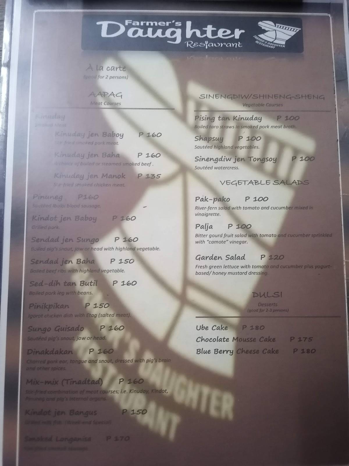 Menu at The Farmer's Daughter Restaurant, Baguio