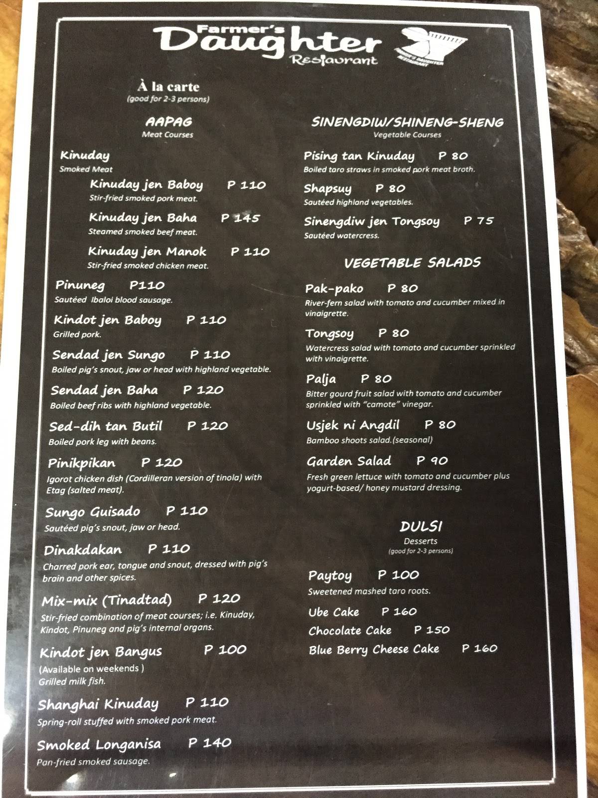 Menu at The Farmer's Daughter Restaurant, Baguio