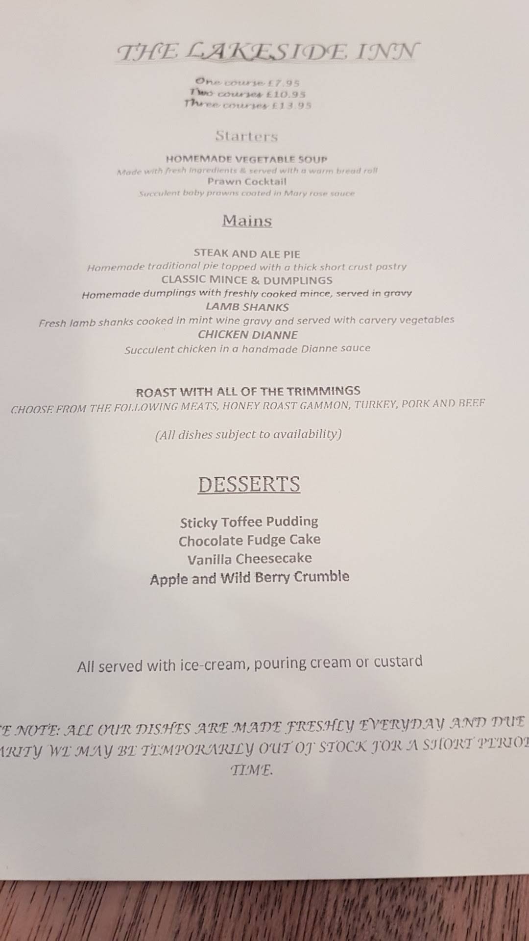 Menu at The Lakeside Inn pub & bar, Gateshead