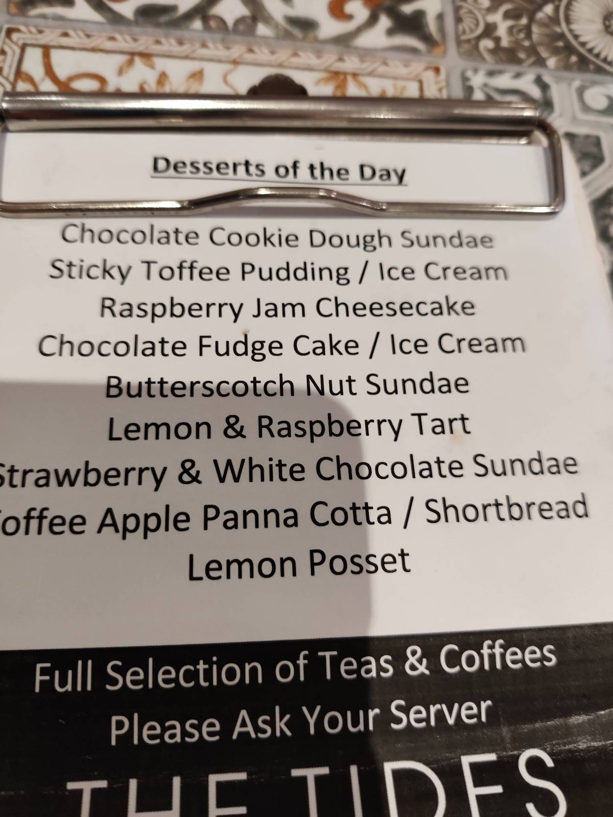 Menu at The Tides Restaurant, Portrush