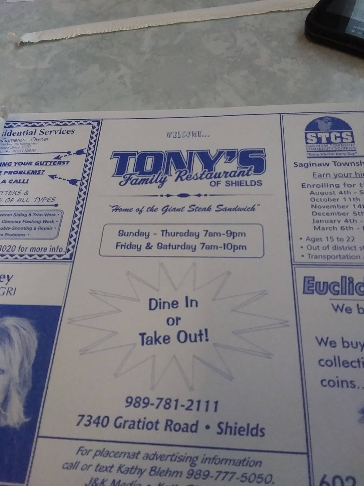 Menu at Tony’s of Shields restaurant, Thomas Township, Gratiot Rd