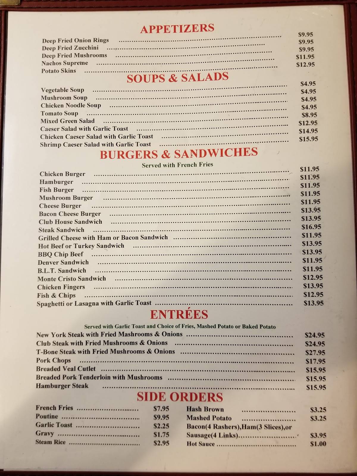 Menu at Mark's Family Restaurant, Yellowknife