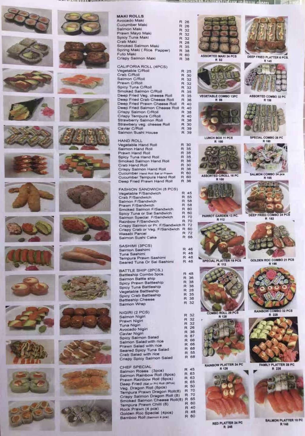 Menu at AA Sushi restaurant, Centurion