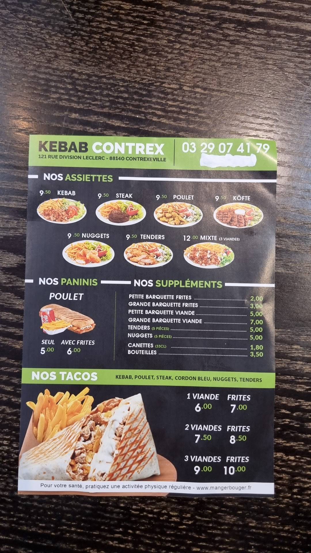 Menu au Au Soleil de Tunis fast food, Contrexéville