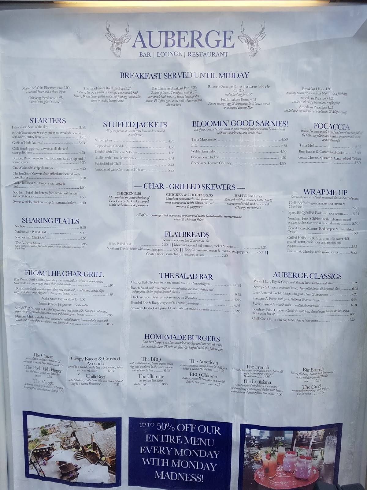 Menu at Auberge restaurant, Abergavenny