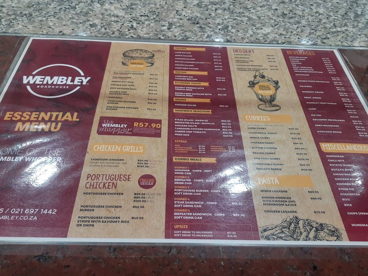 Menu at Wembley Roadhouse restaurant, Cape Town, Belgravia Road