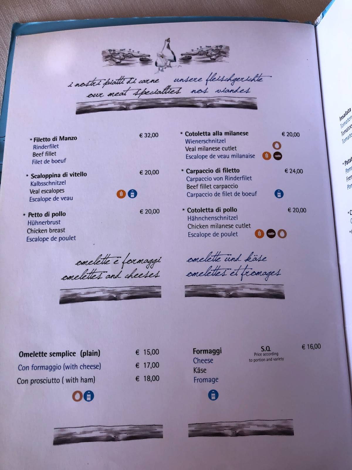 Menu at La Fontelina restaurant, Capri, Via dei Faraglioni