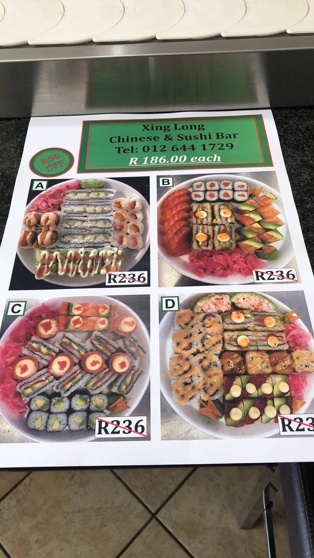 Menu at AA Sushi restaurant, Centurion