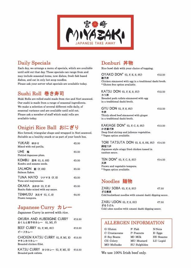 Menu at Miyazaki Japanese Take Away restaurant, Cork