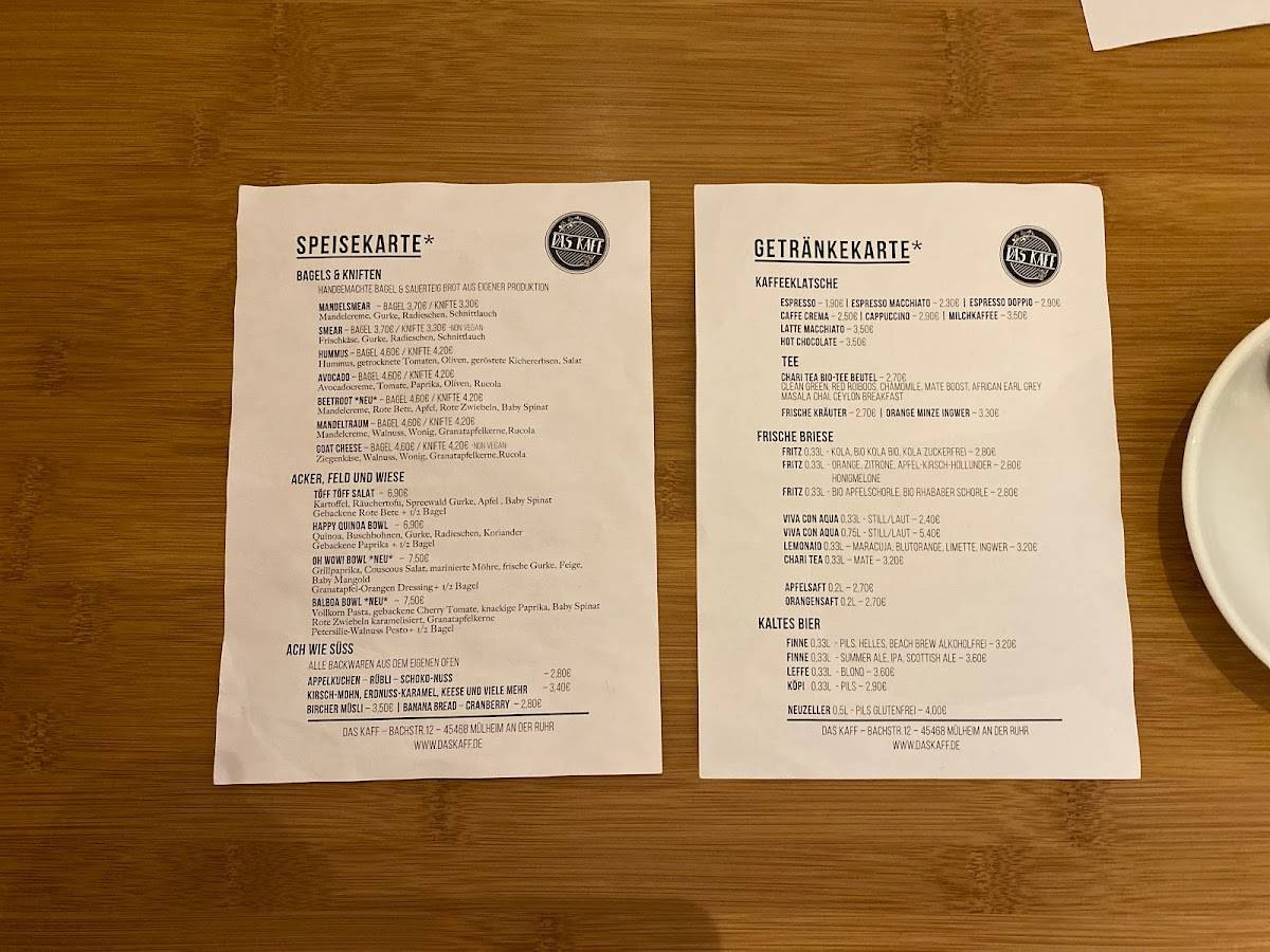 Speisekarte von DAS KAFF – bagel Bar & coffee salon, Mülheim an der Ruhr