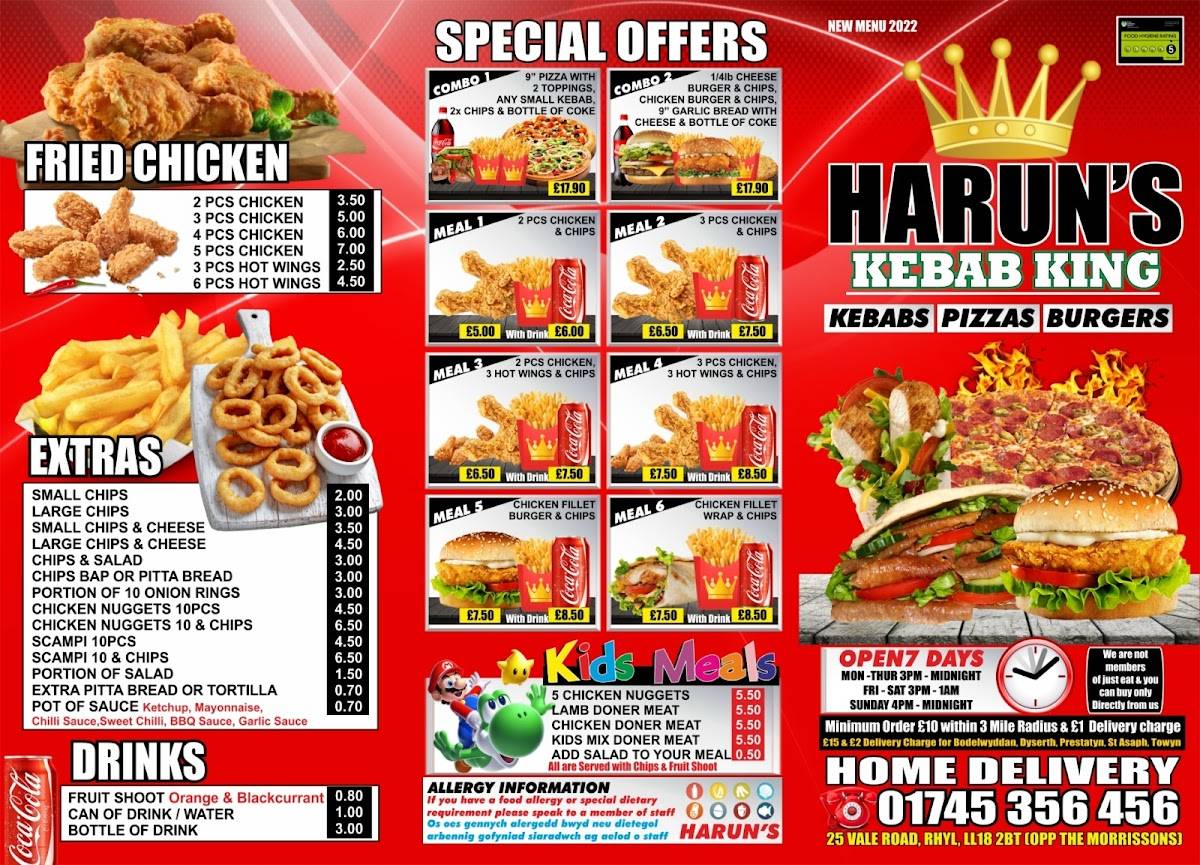 Menu at Harun's Kebab King fast food, Rhyl