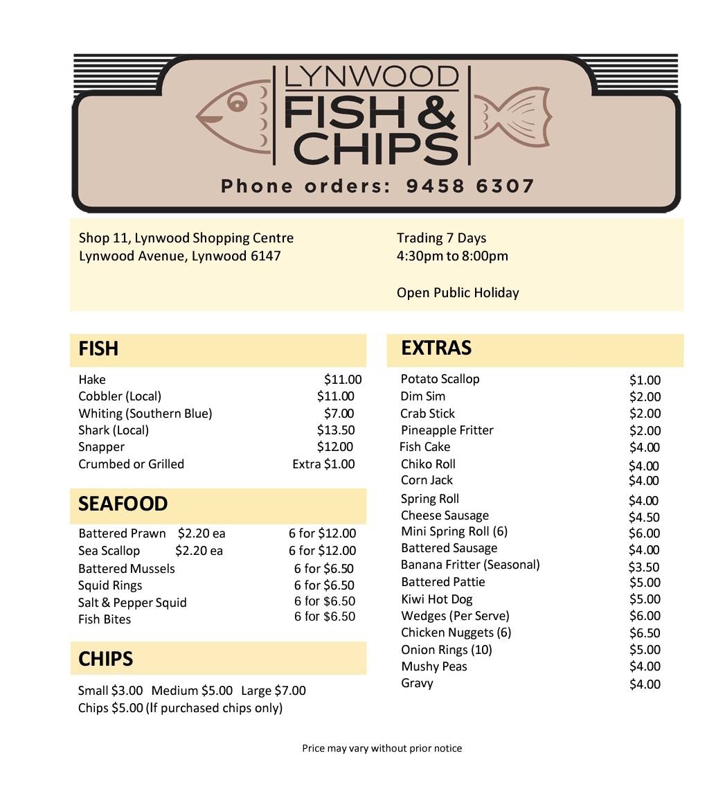 Menu at Lynwood Fish & Chips fast food, Lynwood