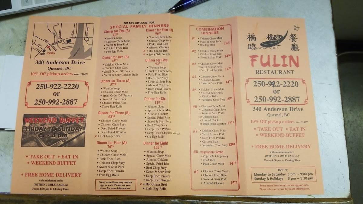 Menu at Fulin Restaurant, Quesnel