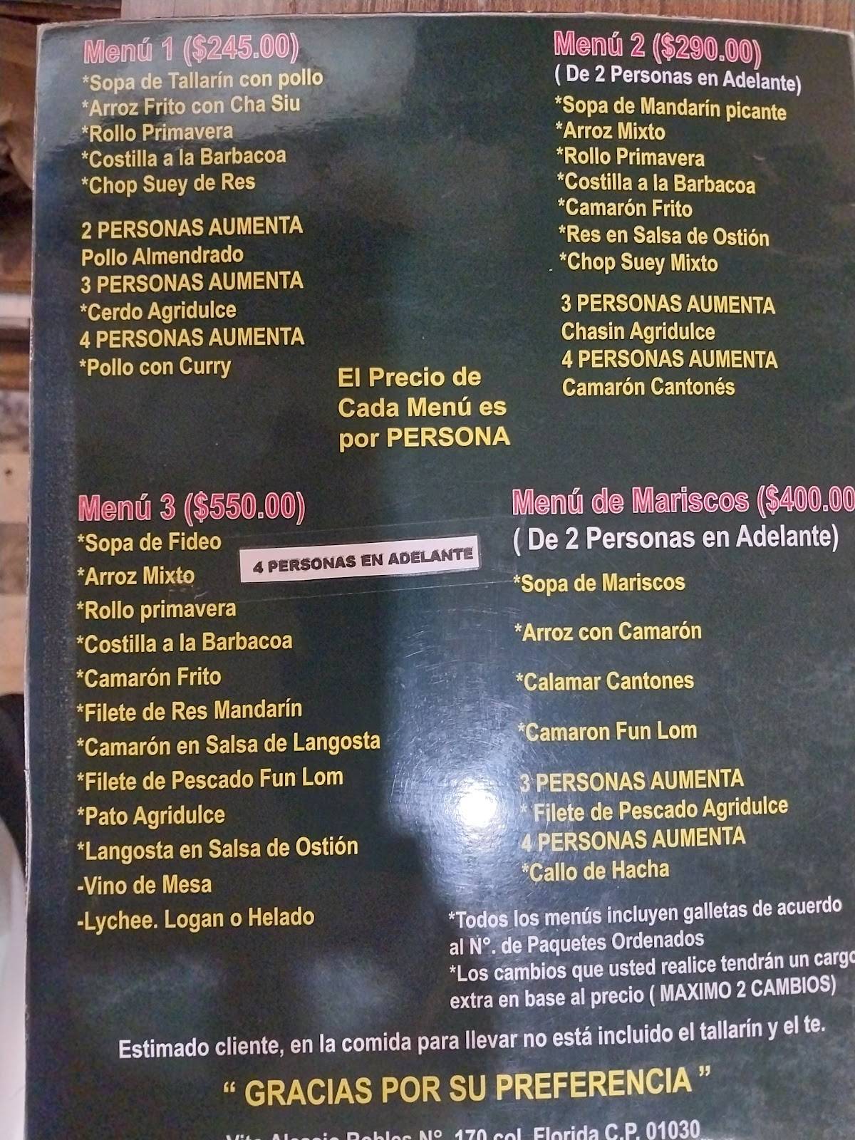Carta del restaurante Fun Lom, Ciudad del México