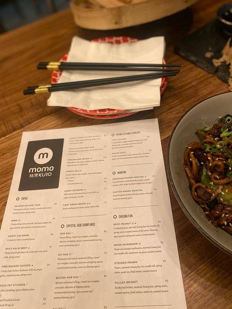 Menu at Momo Kuro restaurant, Johannesburg