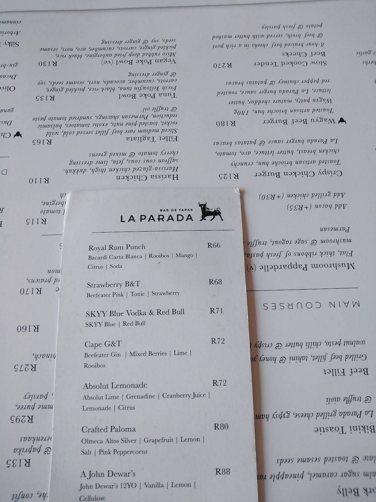 Menu at La Parada V&A Waterfront restaurant, Cape Town, 1 Dock Rd