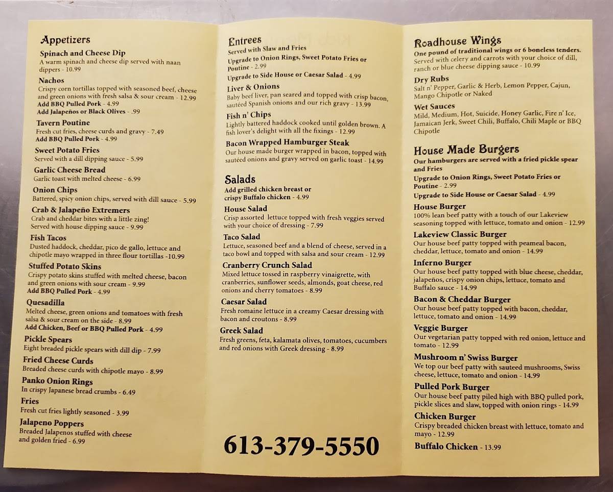 Menu at Lakeview Tavern & Restaurant, Erinsville